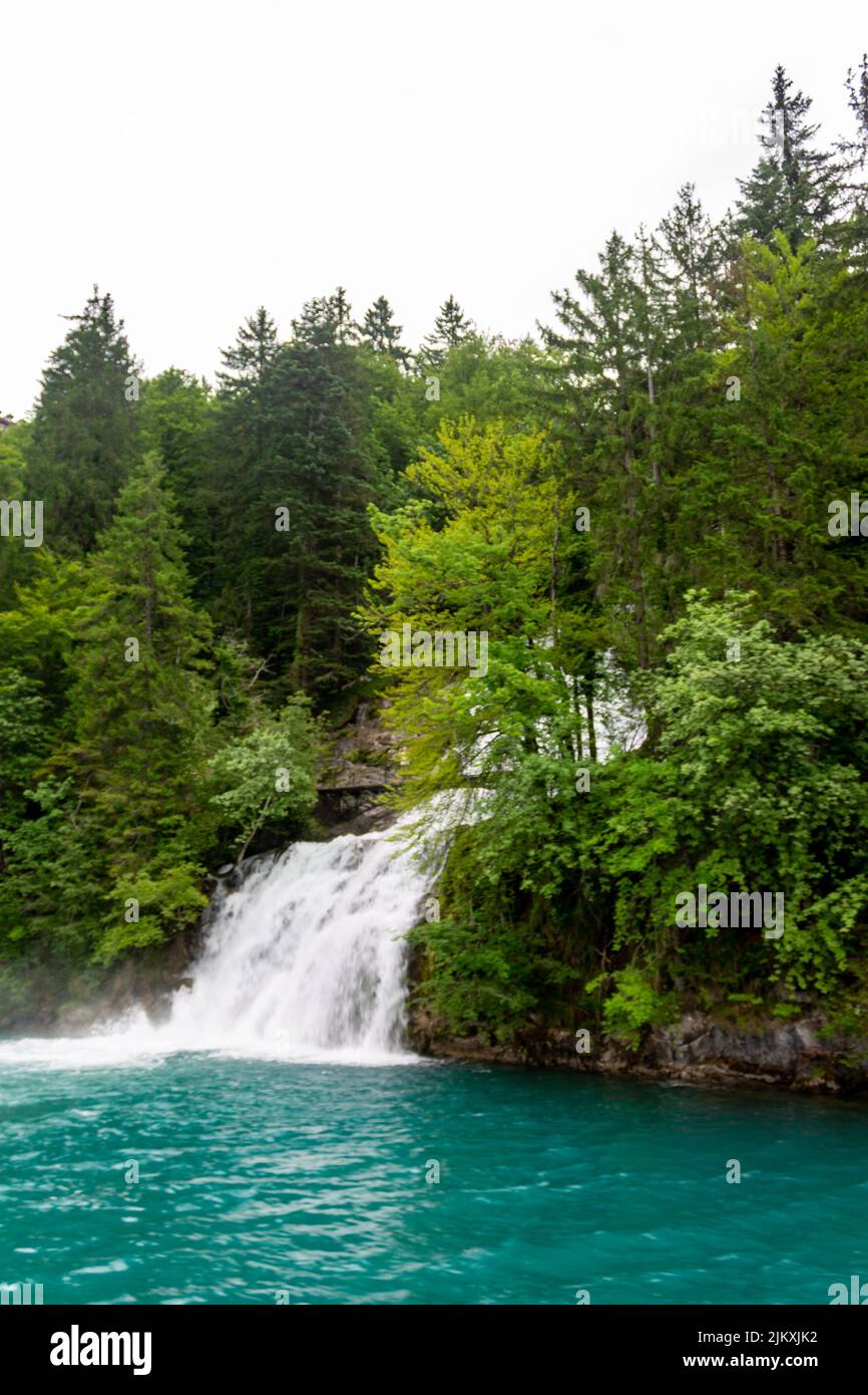 A vertical shot of a bridge over waterfalls with Brienzersee lake and ...