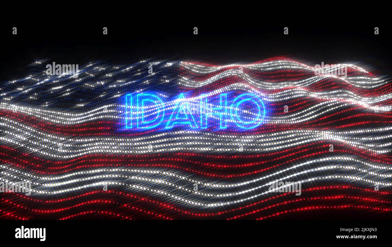 A waving flag of the USA with blue neon letters saying Idaho over a ...
