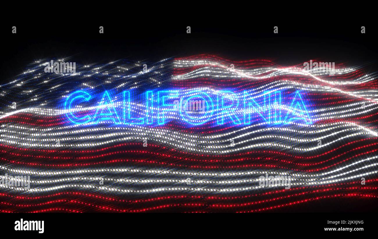 A waving flag of the USA with blue neon letters saying California over ...