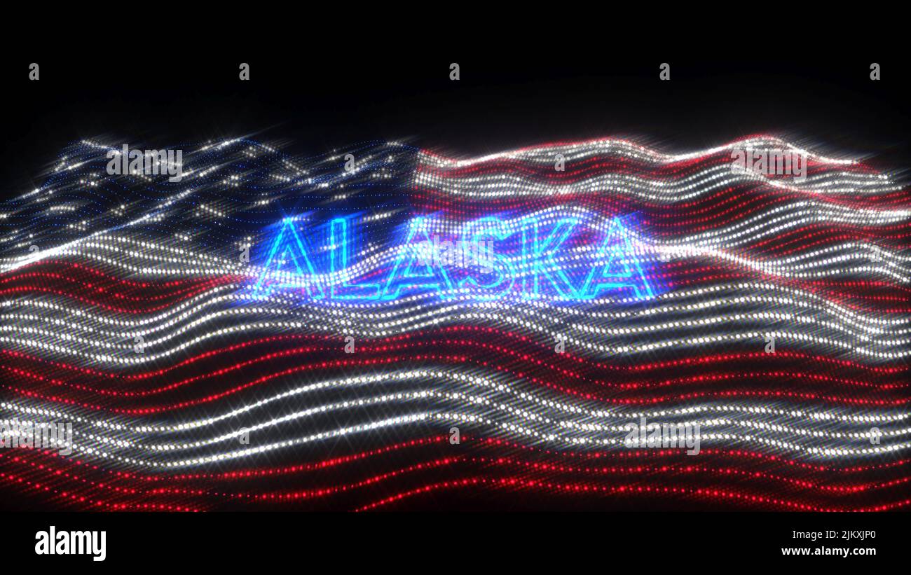 A waving flag of the USA with blue neon letters saying Alaska over a ...