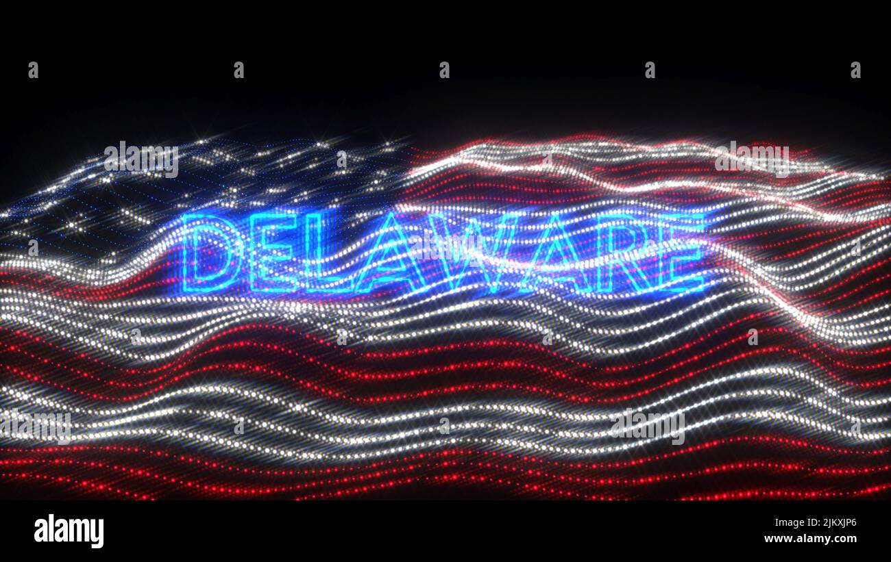 A waving flag of the USA with blue neon letters saying Delaware over a ...