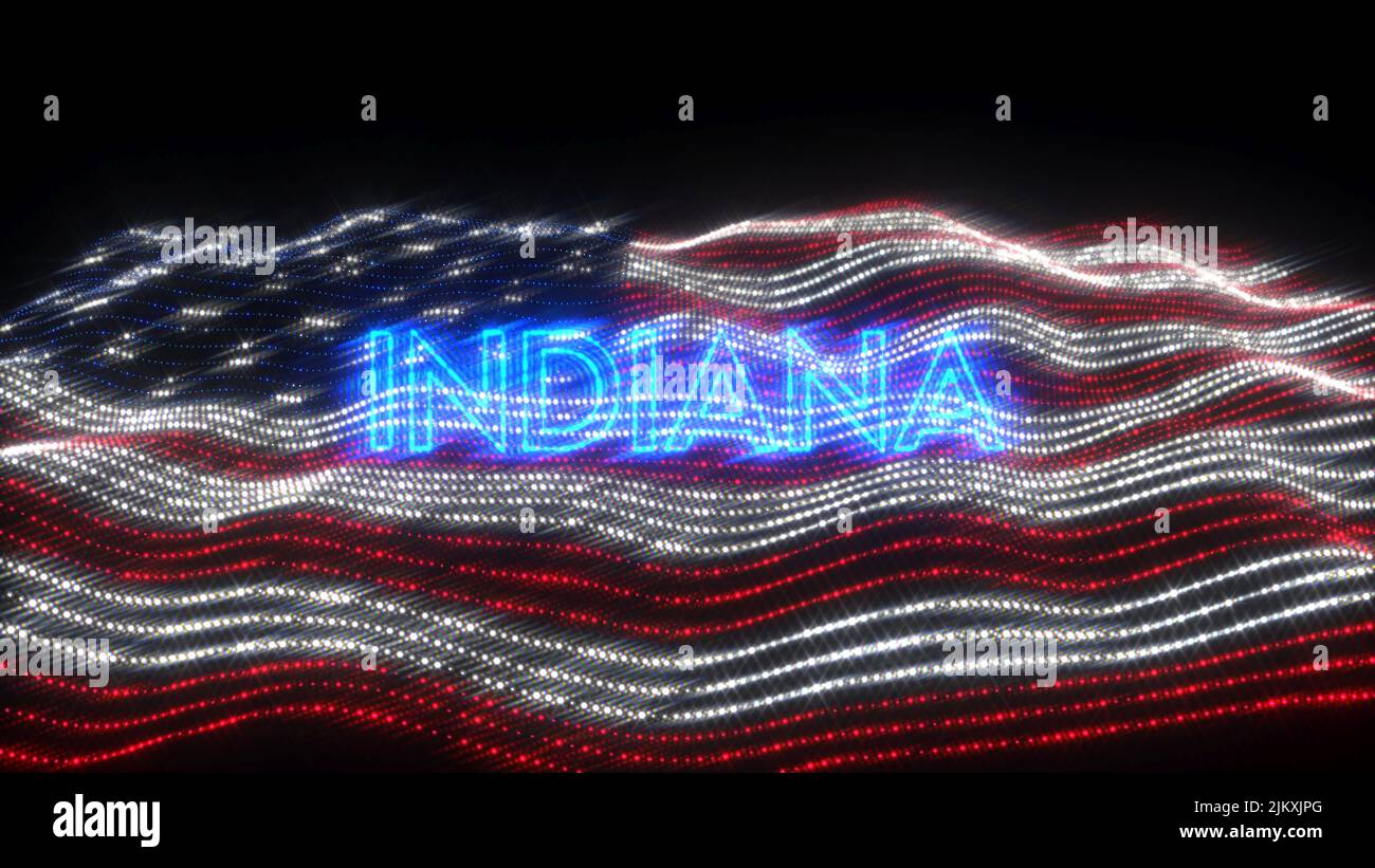 A waving flag of the USA with blue neon letters saying Indiana over a ...