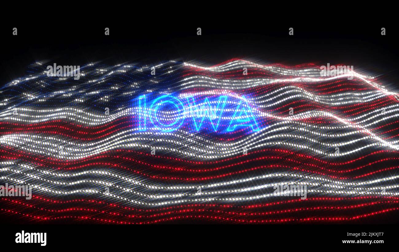 A waving flag of the USA with blue neon letters saying Iowa over a ...