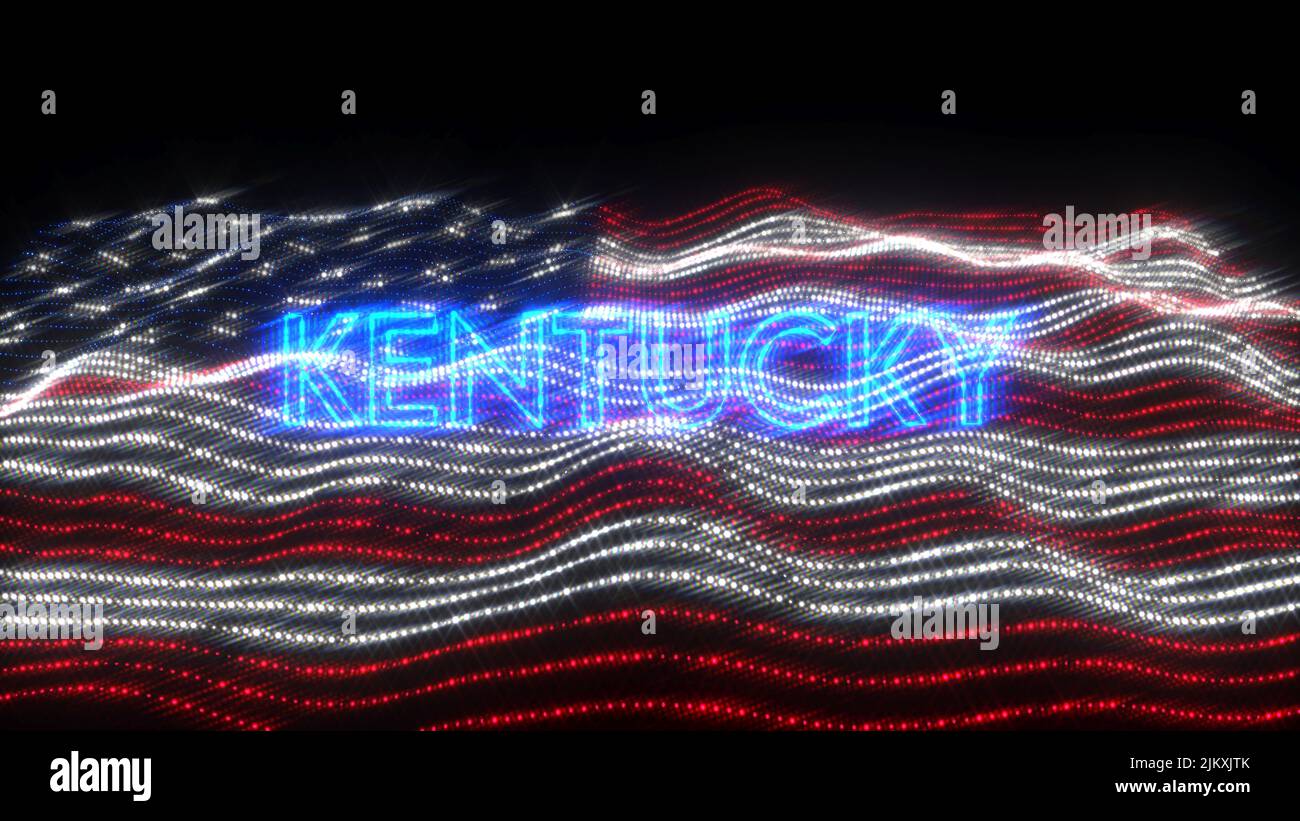 A waving flag of the USA with blue neon letters saying Kentucky over a ...