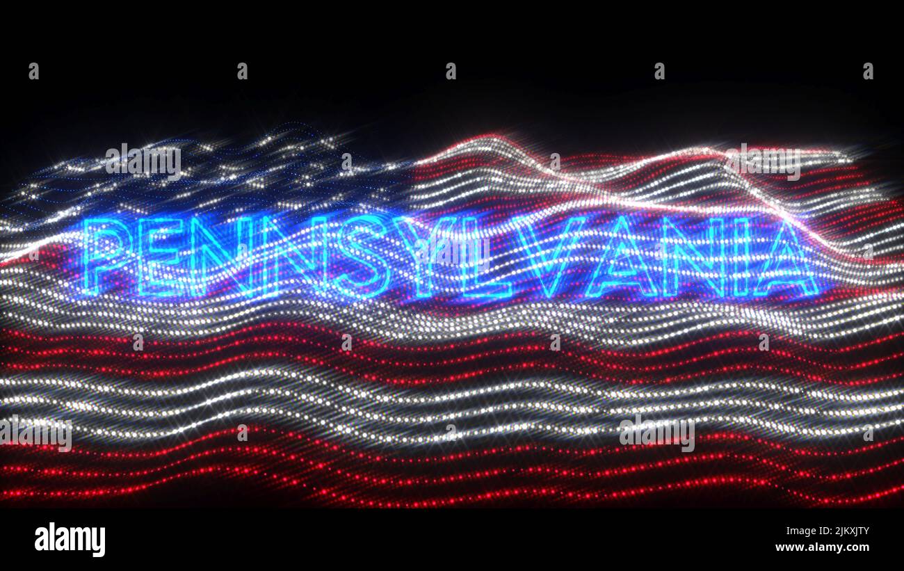A 3d rendering of US state Pennsylvania in neon letters with a dark ...