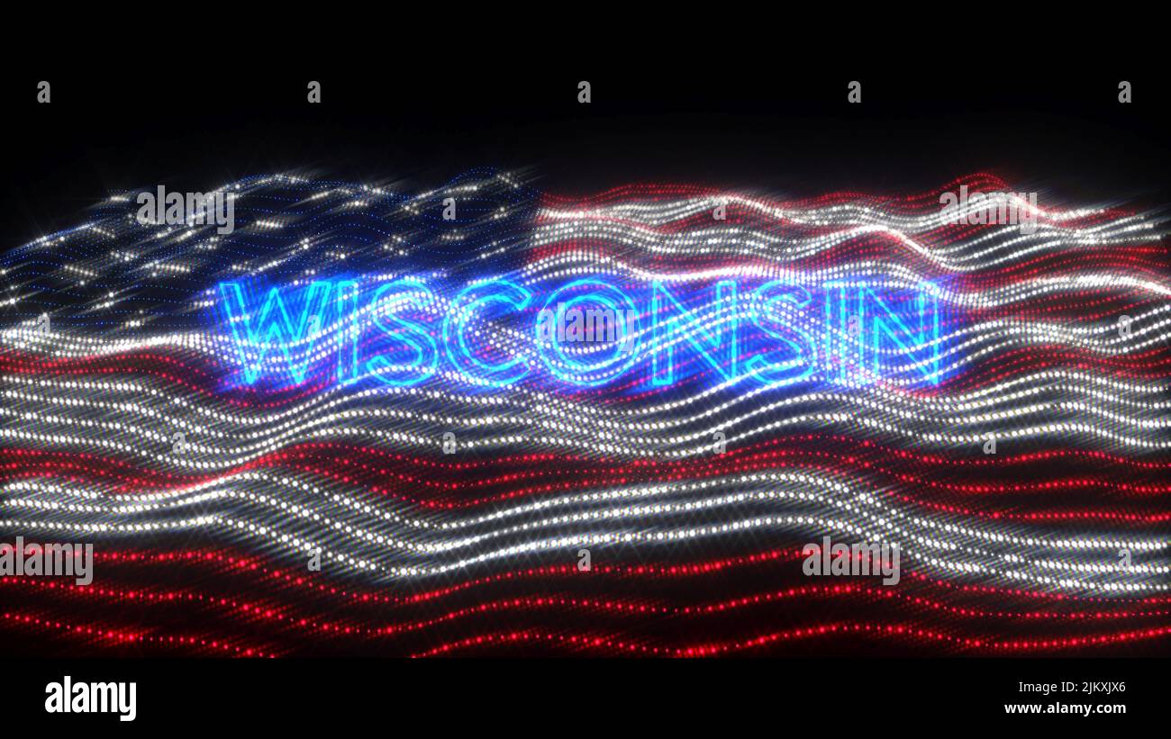 A 3d rendering of US state Massachusetts in neon letters with a dark ...