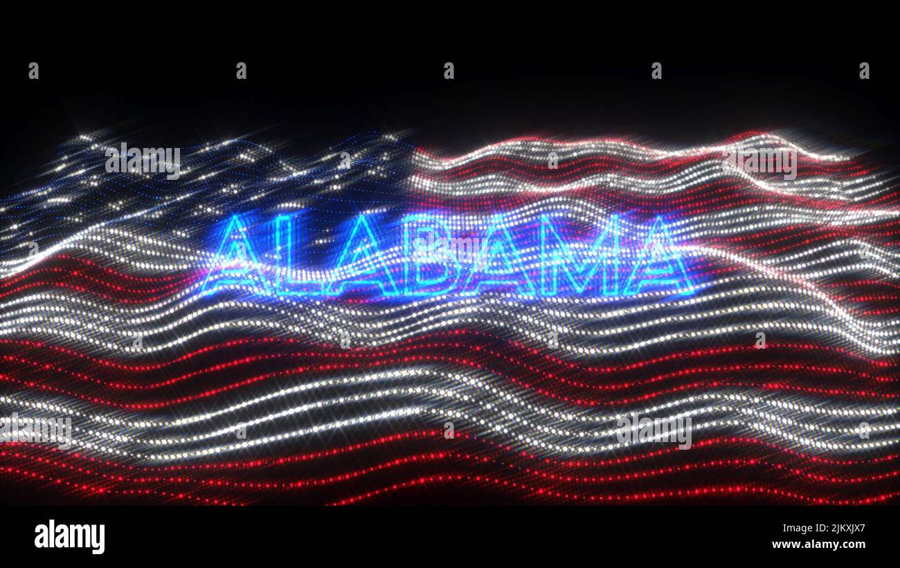 A 3d rendering of US state Alabama in neon letters with a dark ...