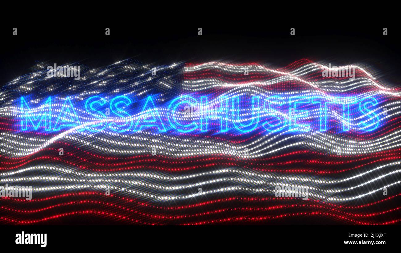 A 3d rendering of US state Massachusetts in neon letters with a dark ...