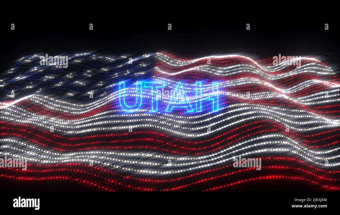 A 3d rendering of US state Utah in neon letters with a dark background ...