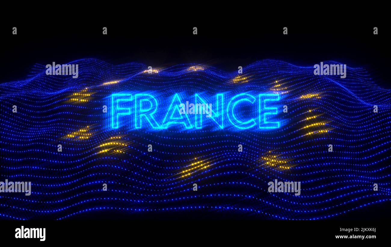 An illustration design of FRANCE country in blue neon letters with dark ...