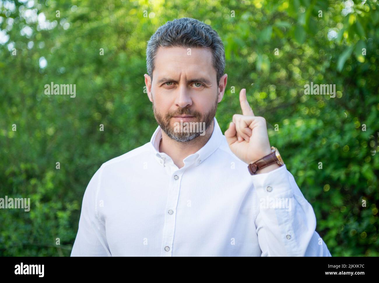 Handsome professional man pointing finger natural background Stock ...