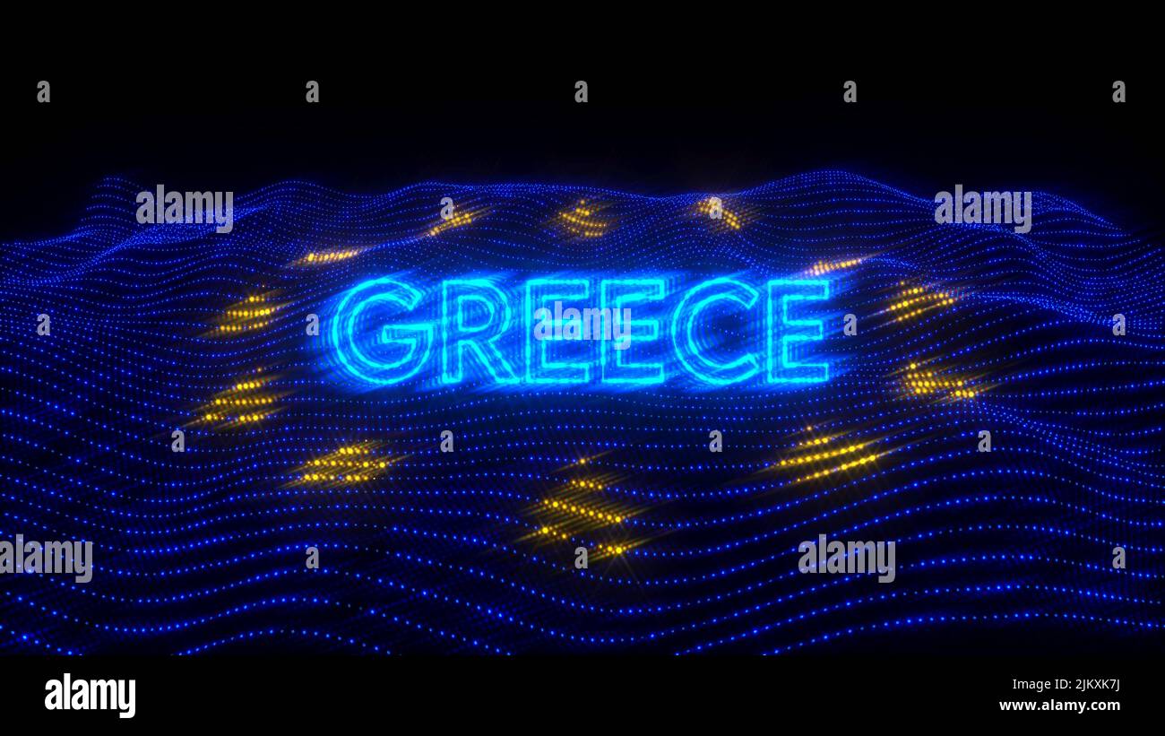An illustration design of GREECE country in blue neon letters with dark ...