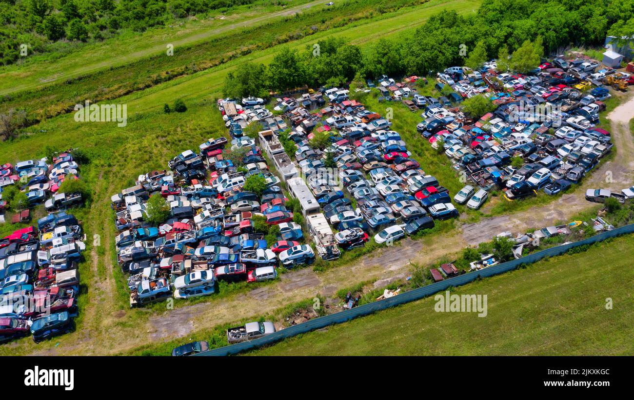 An aerial view of junk cars in the vacant lot Stock Photo - Alamy