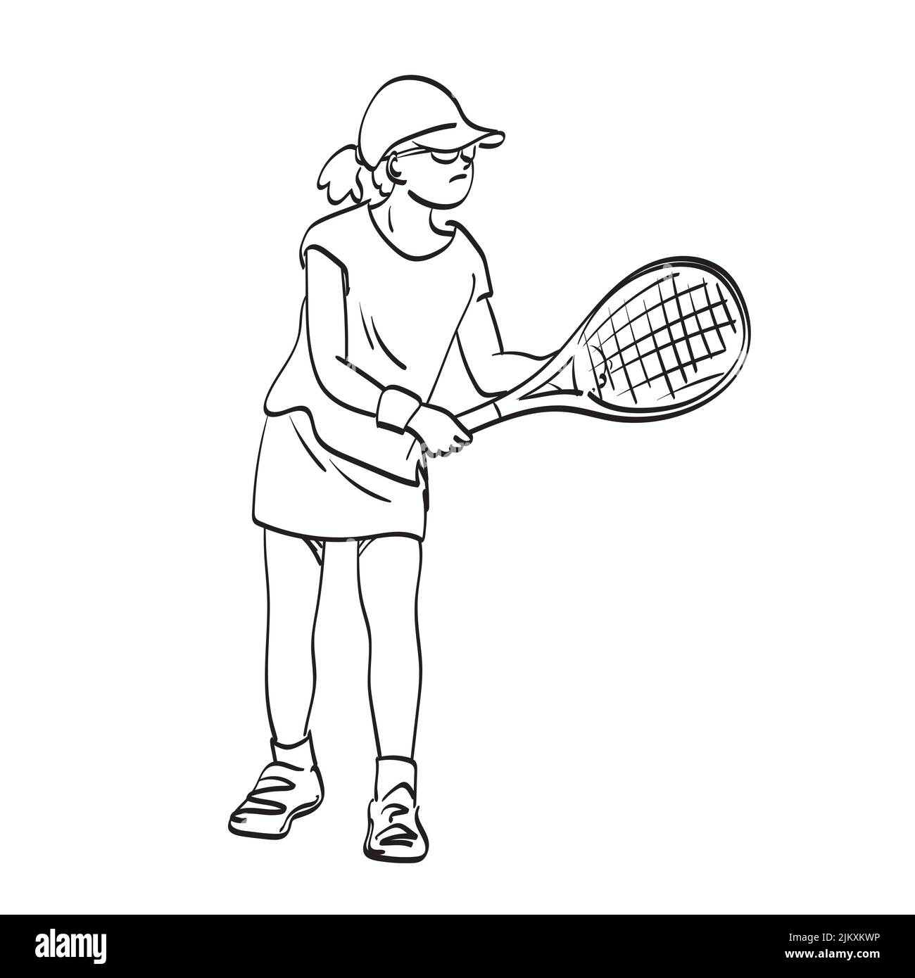 line art full length of young sport girl playing tennis illustration ...
