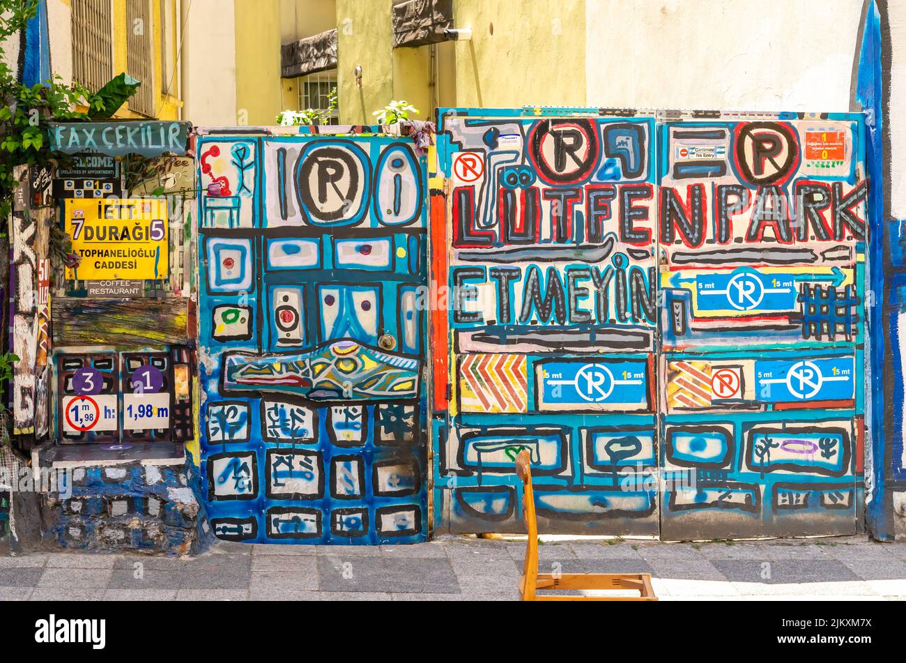 Colorful graffiti mural on the parking gates in Moda district, Kadikoy ...