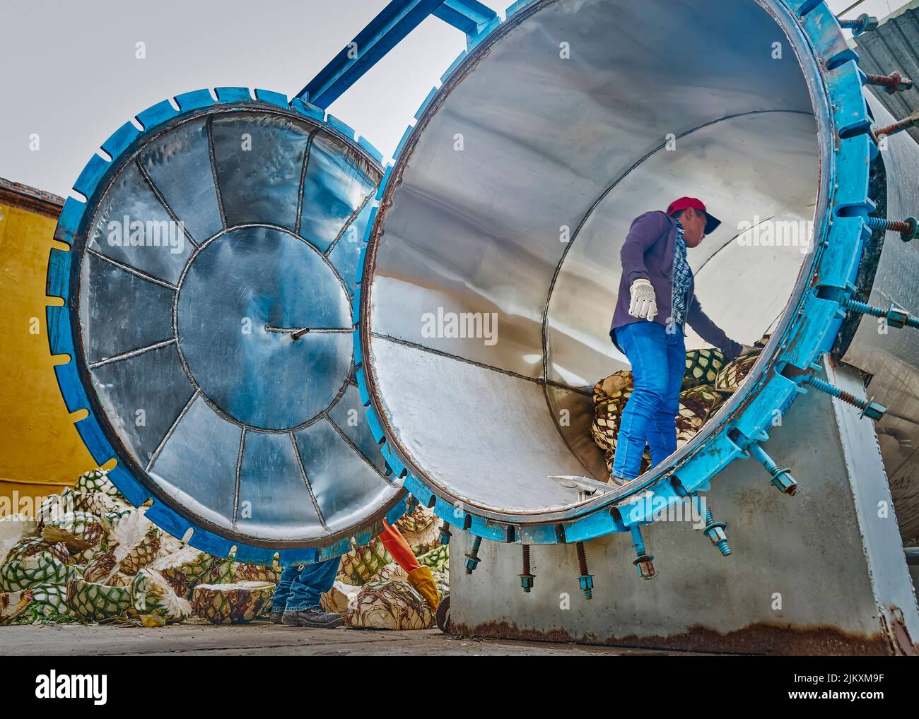 Man piling agave in oven ready to steam it Stock Photo - Alamy