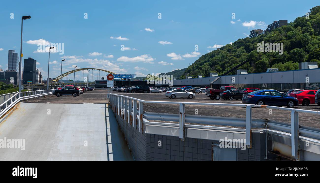 A parking lot on the South Side of the city with downtown Pittsburgh ...