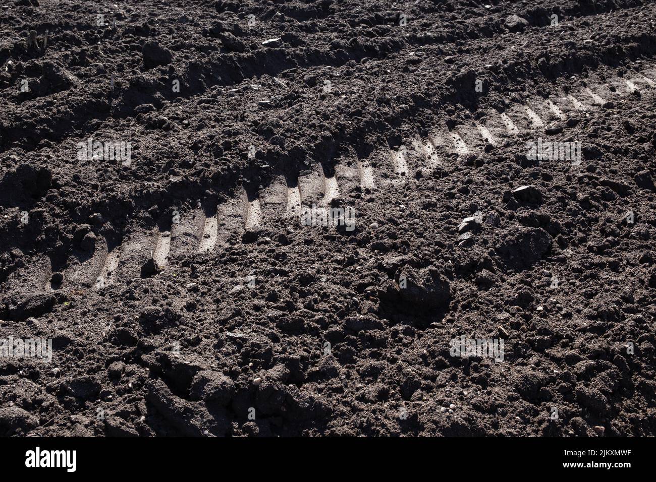 Cultivated plowed soil with rows and tractor footprint. Agricultural ...