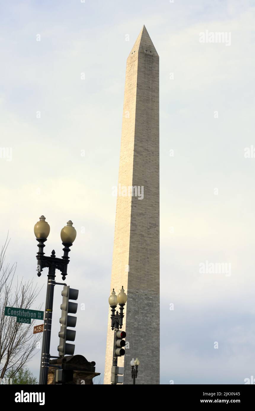 A vertical view of the Washington Monument on clear sky background in ...
