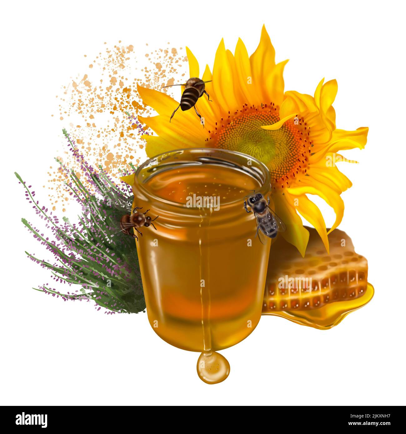 honey composition. watercolor realistic illustration of honey, flowers ...
