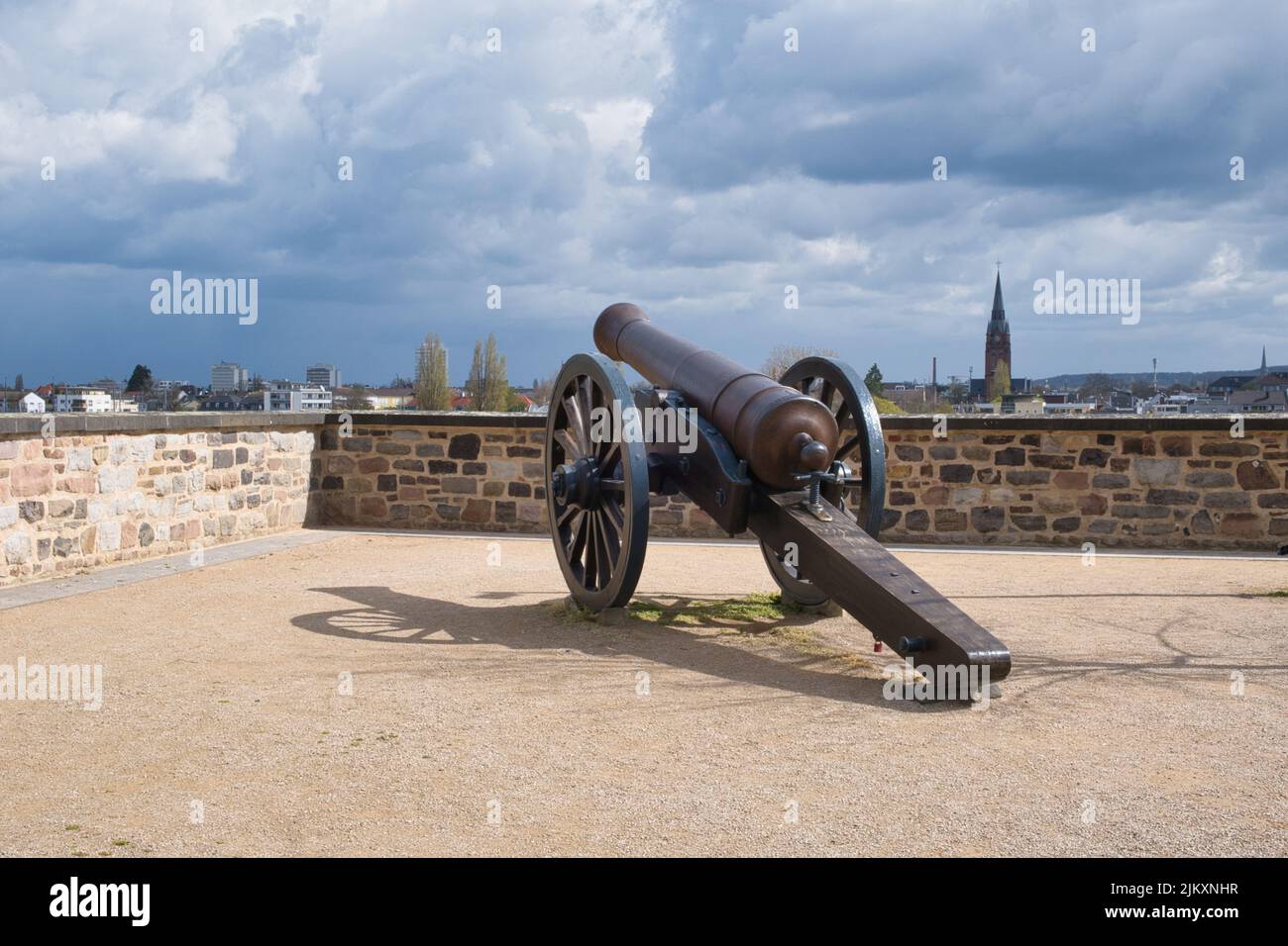 old historical cannon on a carriage on the wall of the old customs in ...