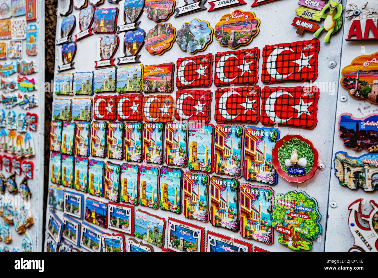 21 June 2022, Antalya, Turkey: There are many different fridge magnets ...