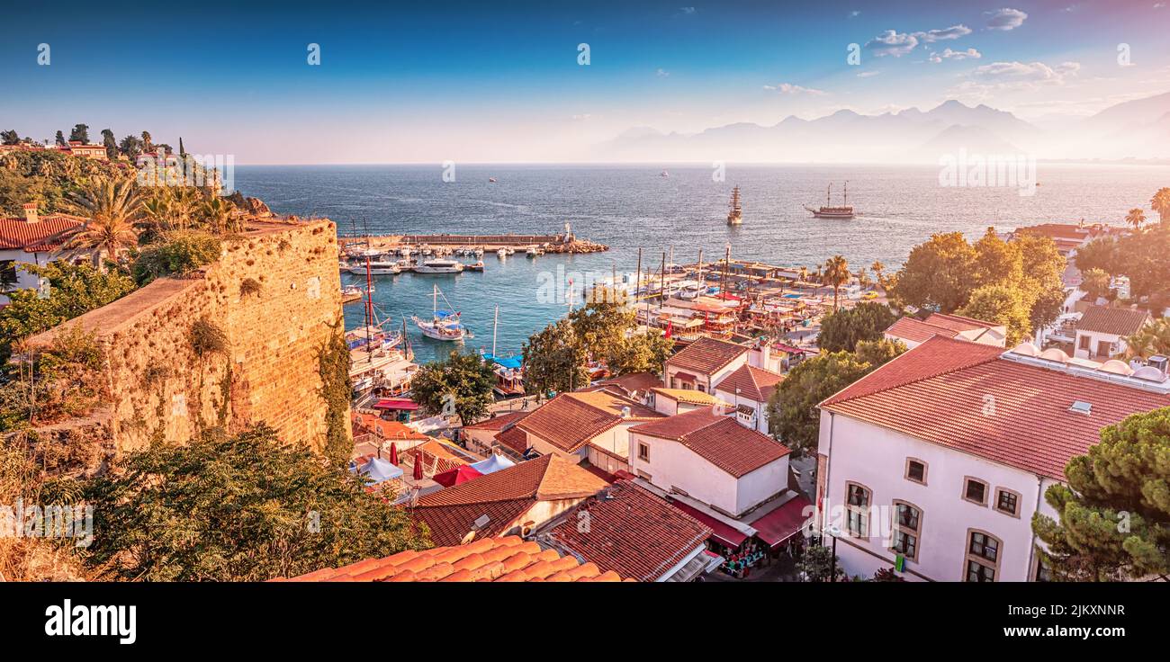 Aerial sunset view of the picturesque harbor with marina port with ...
