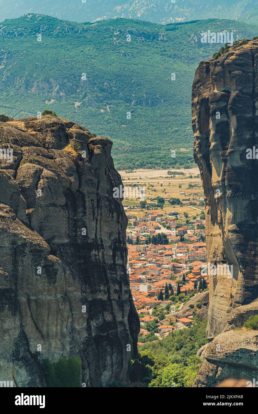 Vertical shot of the gap between two rock formations of Meteora and the ...