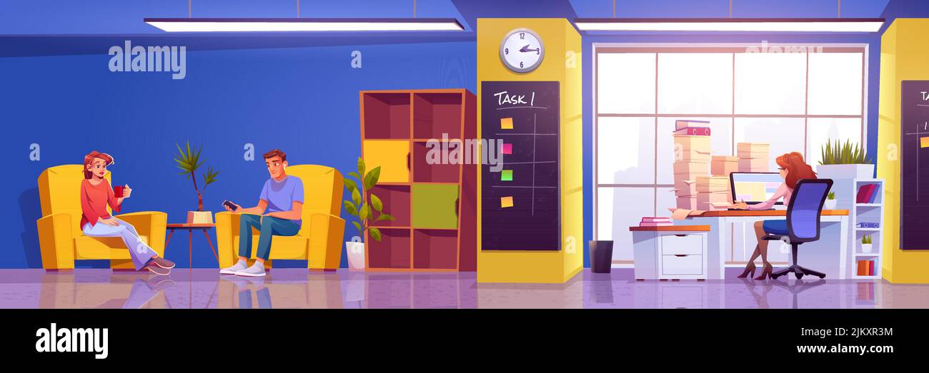 Office interior with people rest in lounge area and busy woman work at ...