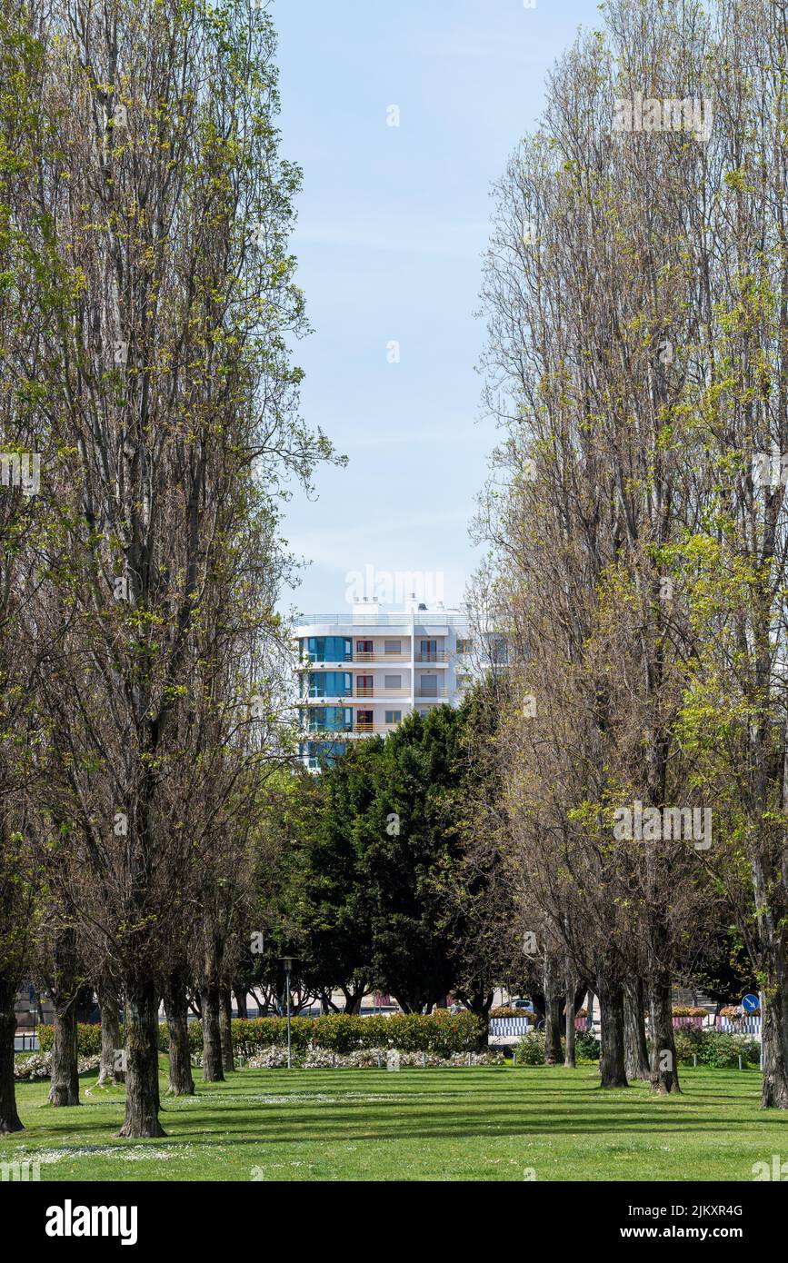 A vertical shot of a path through a park in Parque das Nacoes, Lisbon ...