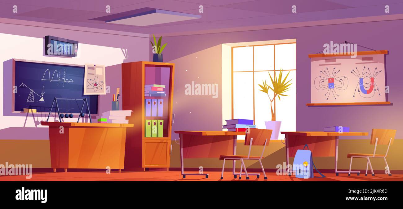 Physics classroom interior, school class with student desks, lesson ...