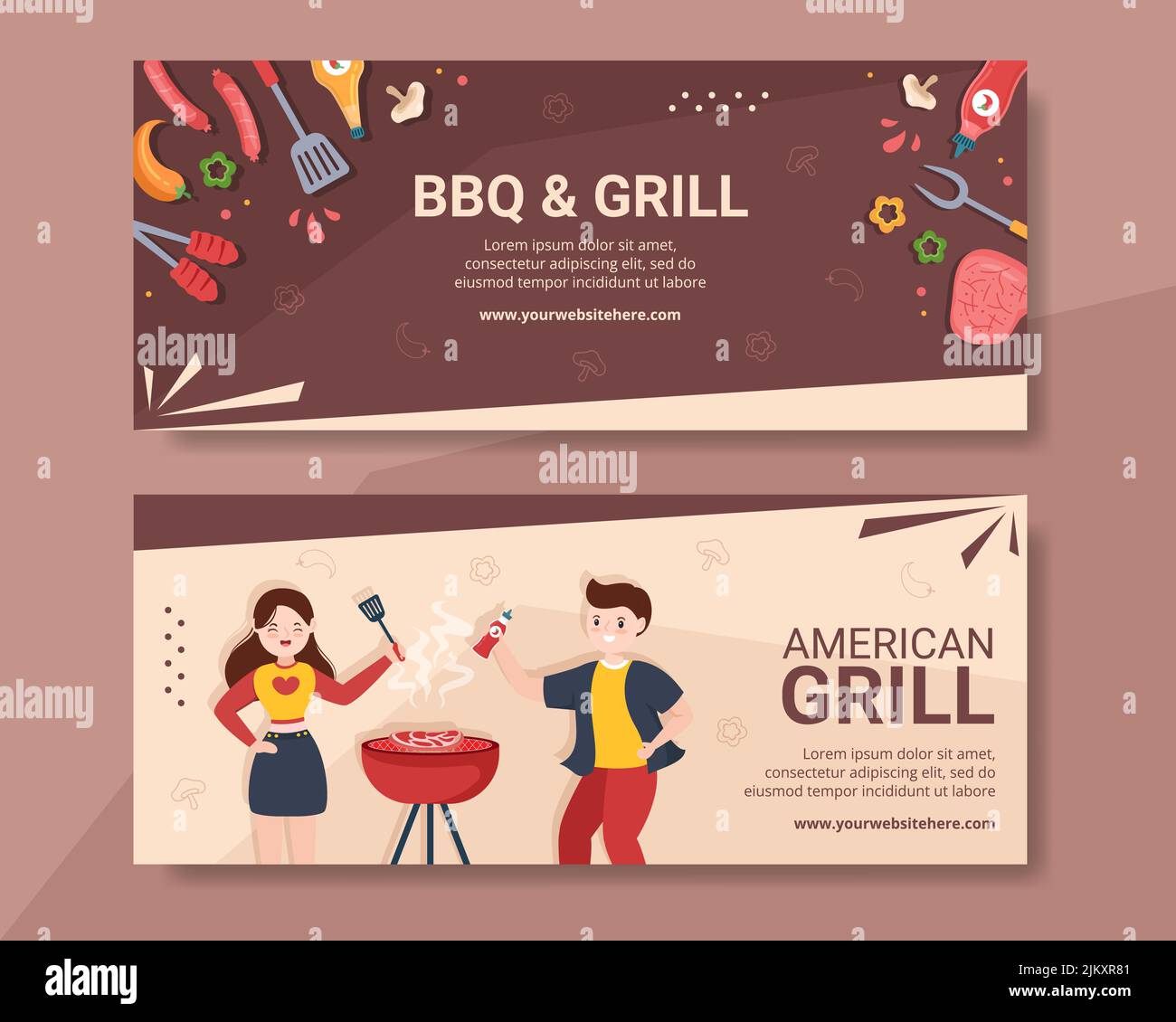 BBQ or Barbecue Horizontal Banner Template Flat Cartoon Background ...