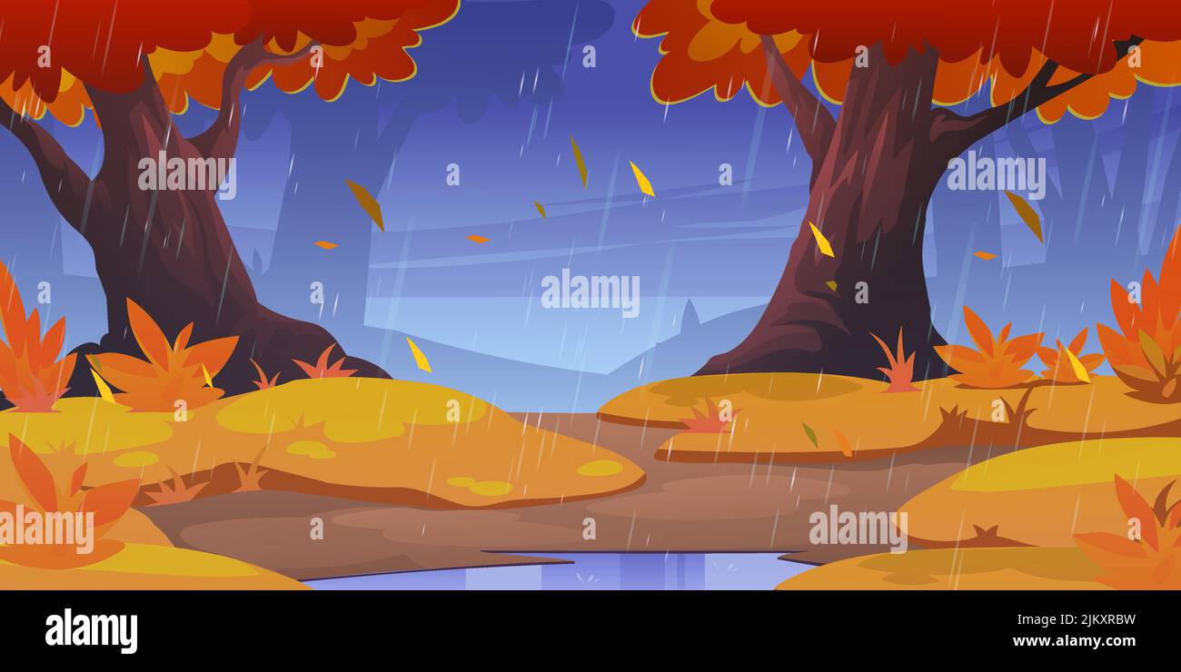 Rain in autumn forest, wild nature landscape. Cartoon fall wood ...