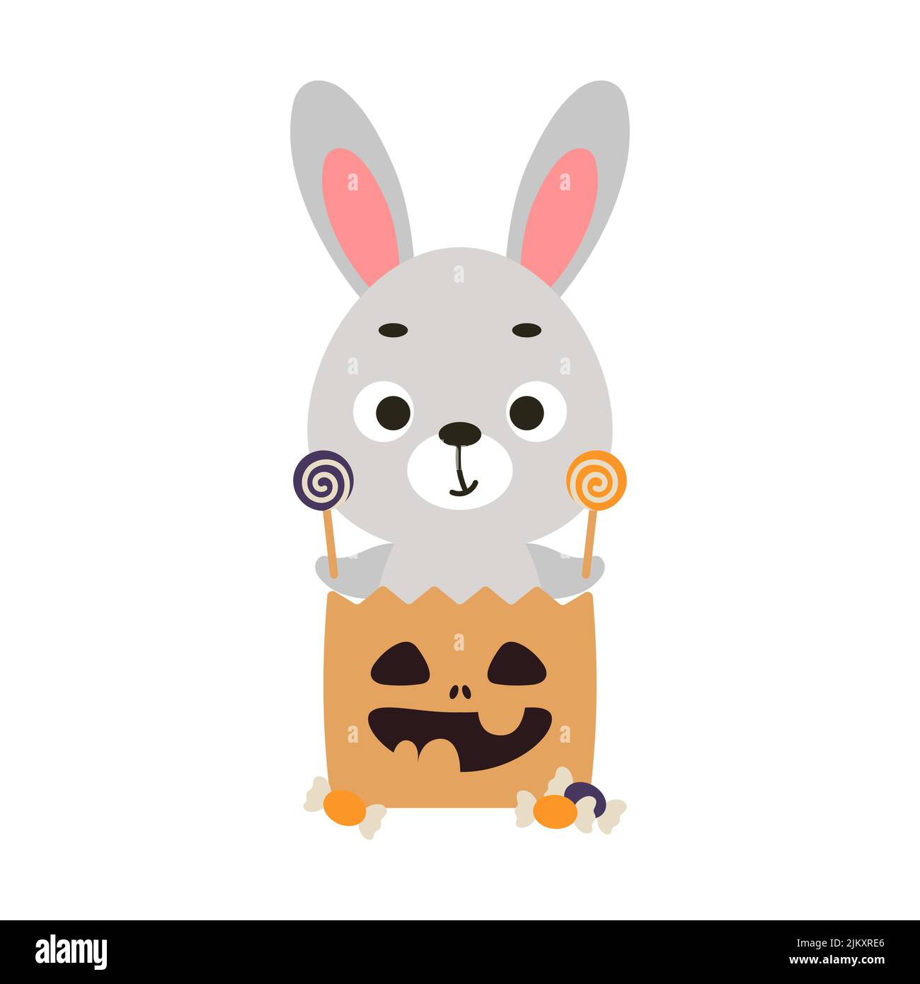 Cute Halloween rabbit sitting in a trick or treat bag with candies ...