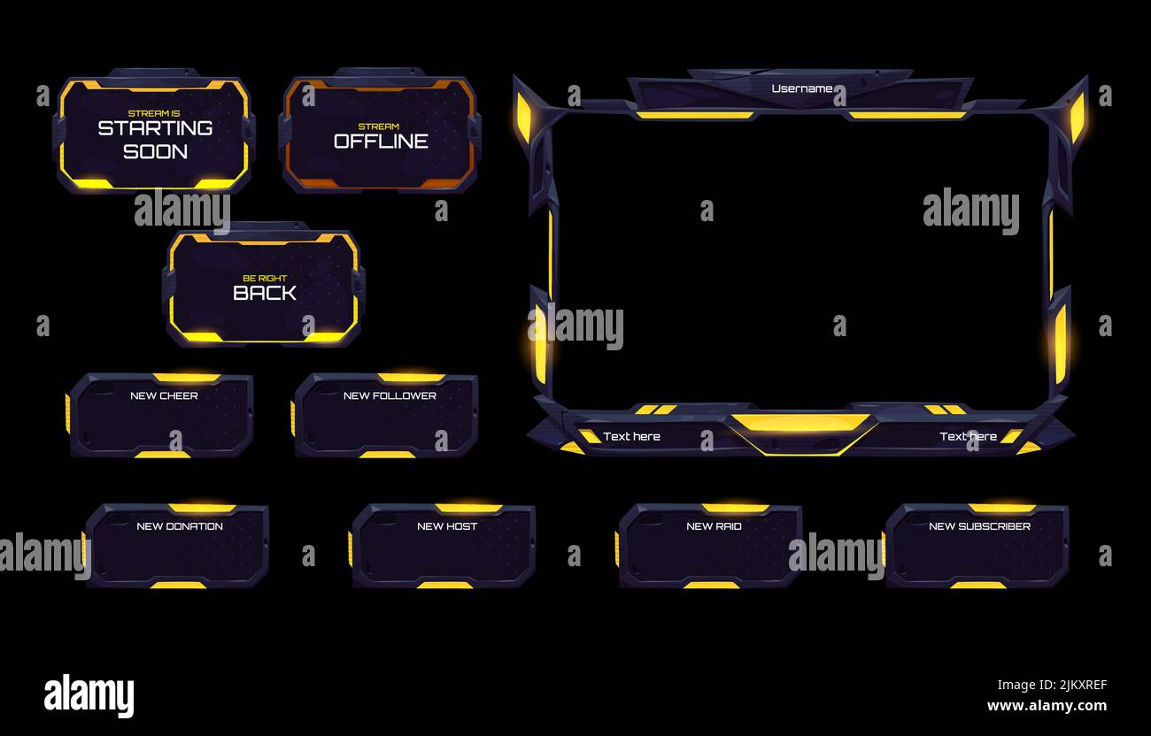 Live stream interface elements, overlay frames and buttons with yellow neon glow. Vector cartoon ...