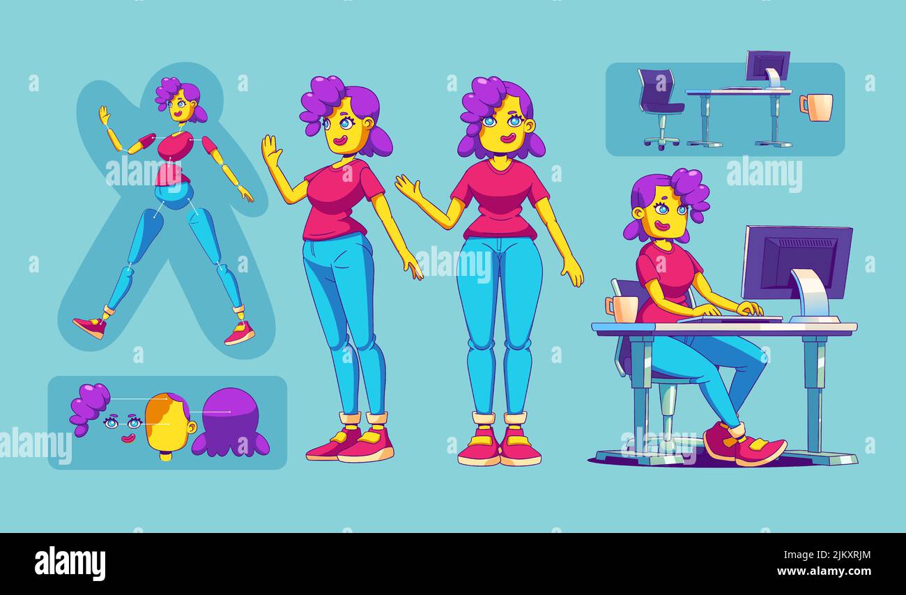 Girl character for animation, woman side and front view. Body and face ...