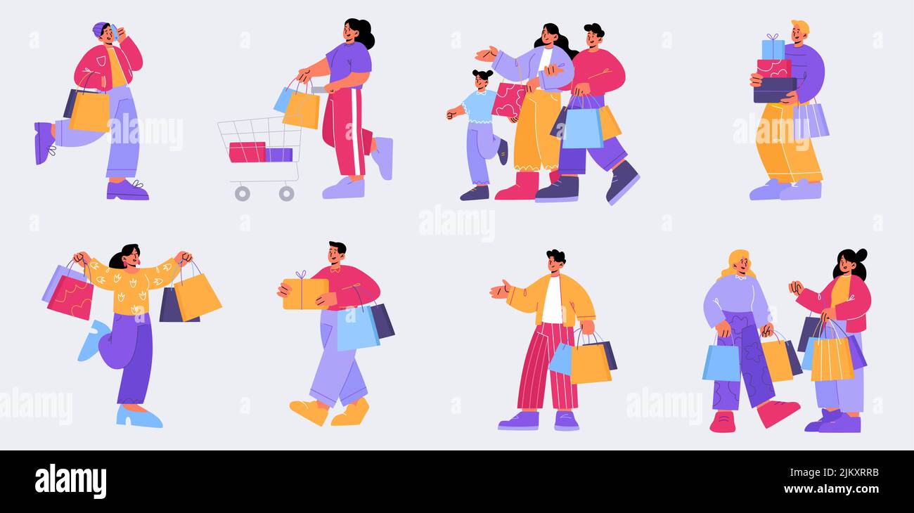 Customers characters purchasing in market store. People in shopping ...