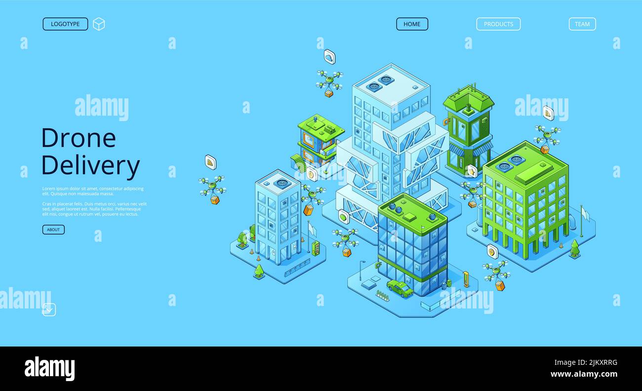 Drone delivery isometric landing page, quadcopters shipping parcels ...