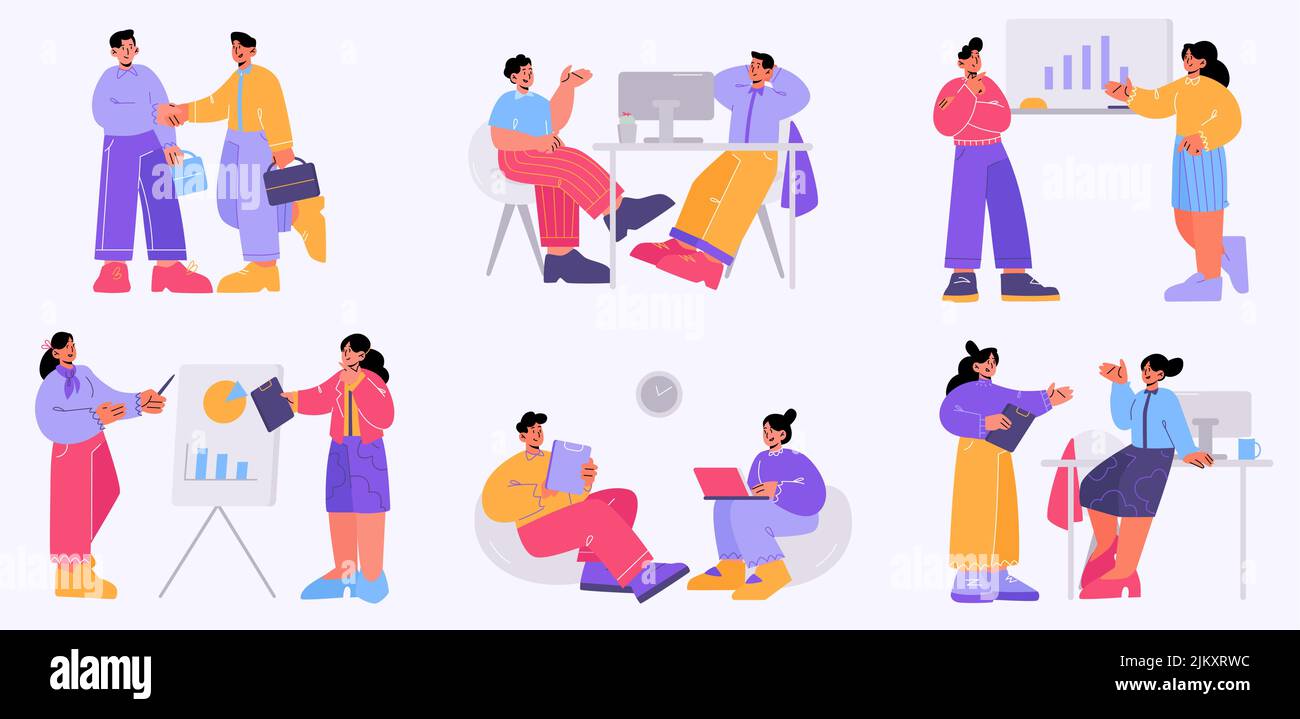 Office life concept, business workers men and women communicate ...