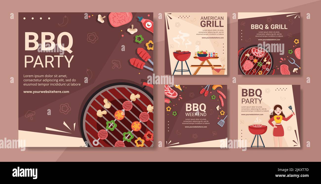 BBQ or Barbecue Social Media Post Template Flat Cartoon Background ...
