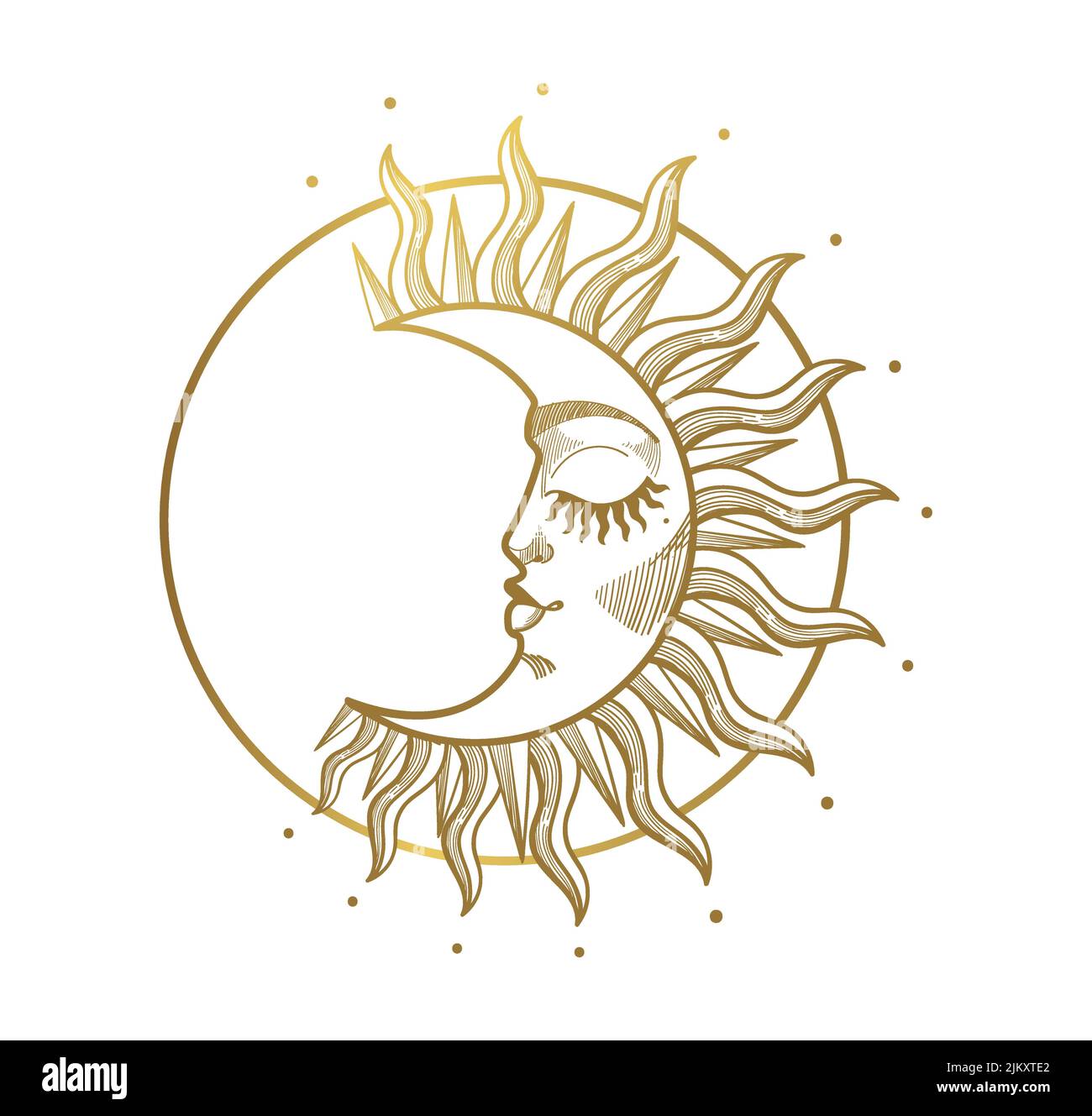 Beautiful golden shining crescent moon with rays and face, Boho ...