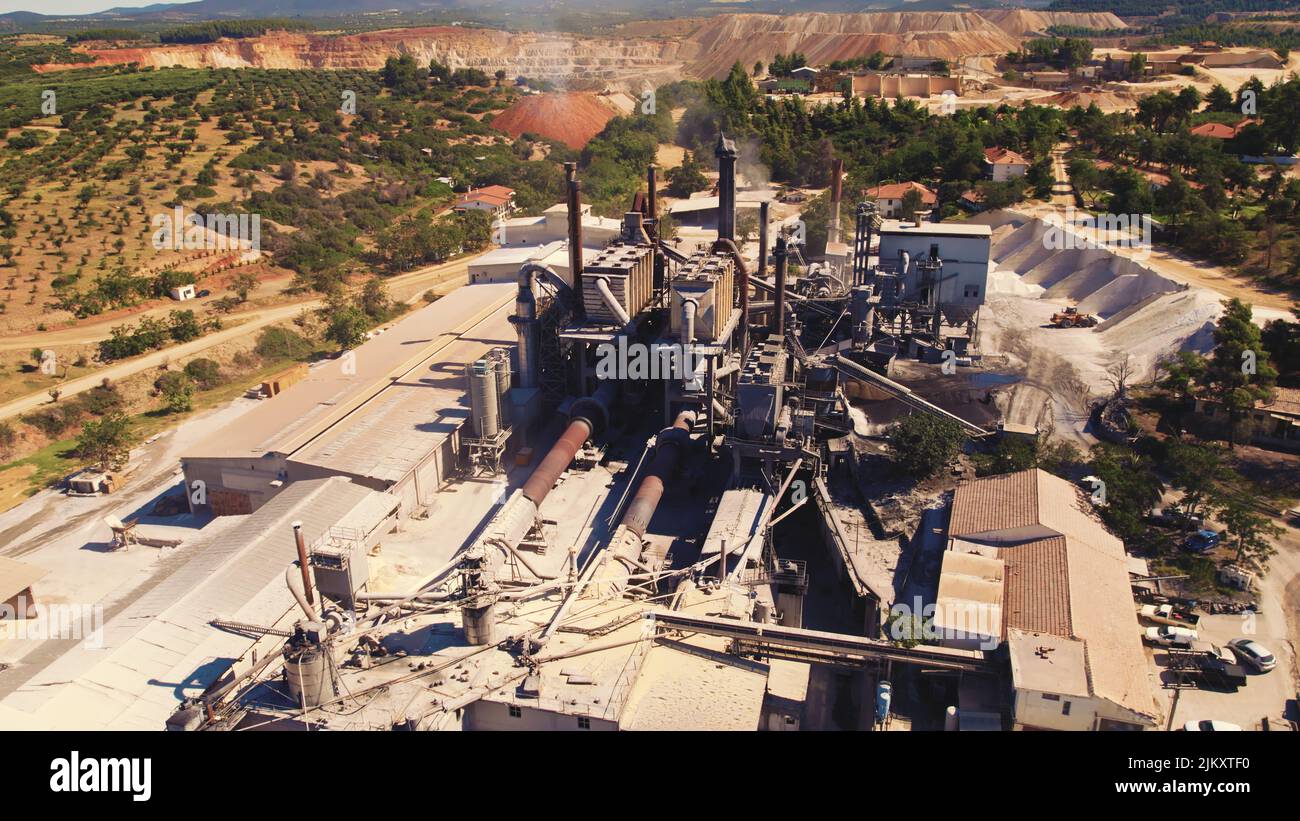 Drone aerial view of a factory in Greece. Impact on the environment ...
