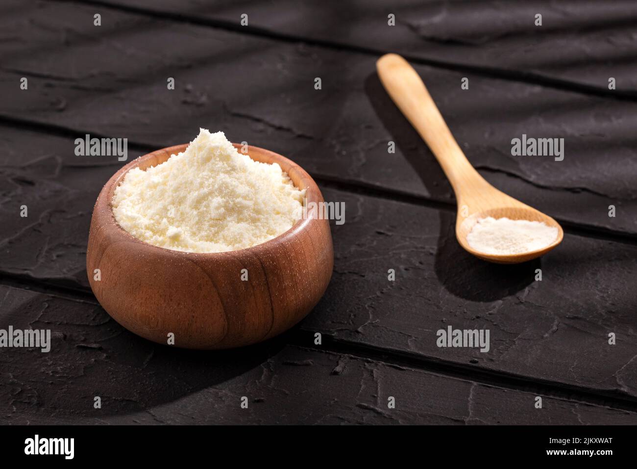 Powdered or dehydrated milk in the bowl and spoon Stock Photo - Alamy