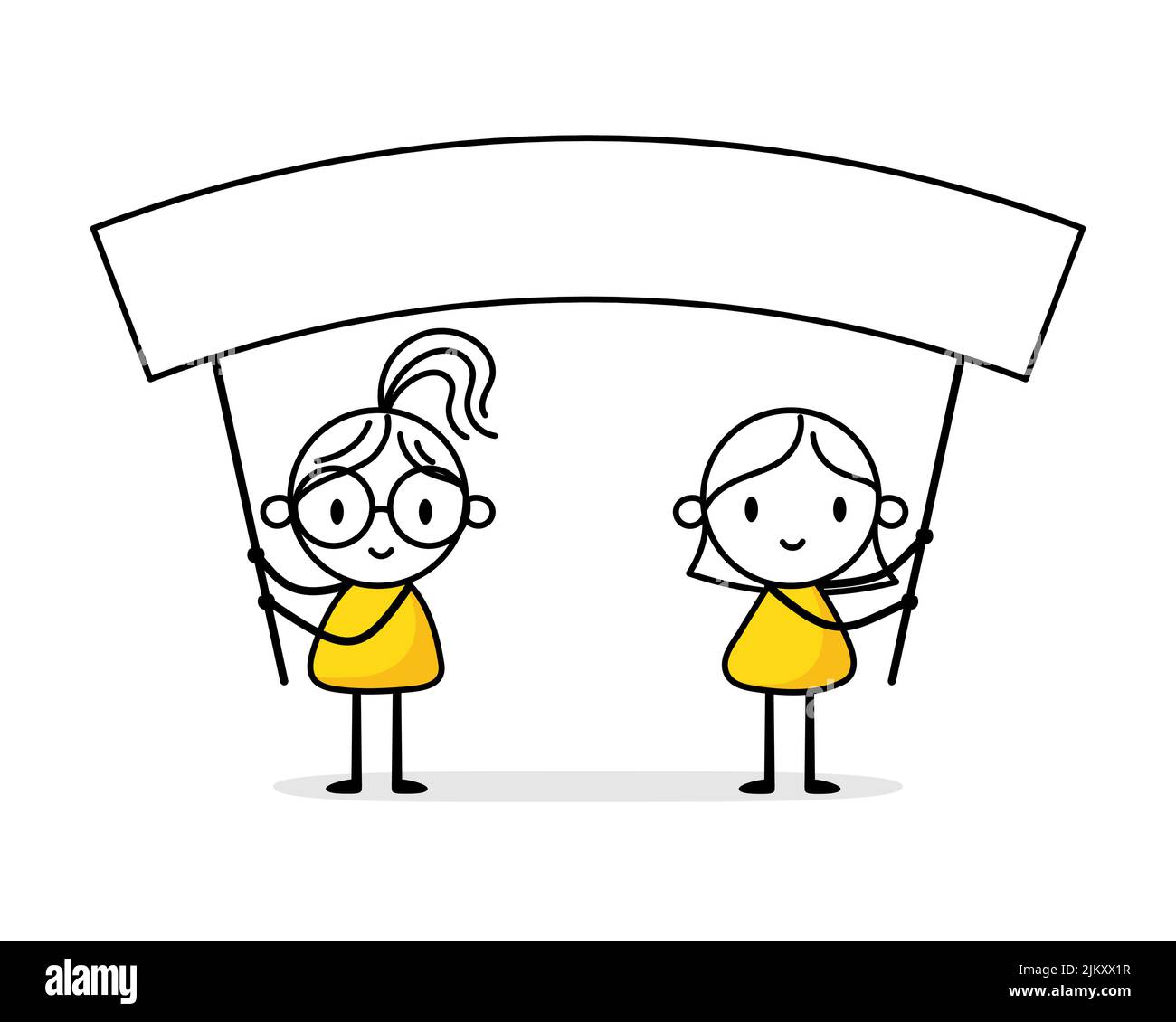 Two women hold empty blank banner. Claim concept. Vector stock ...