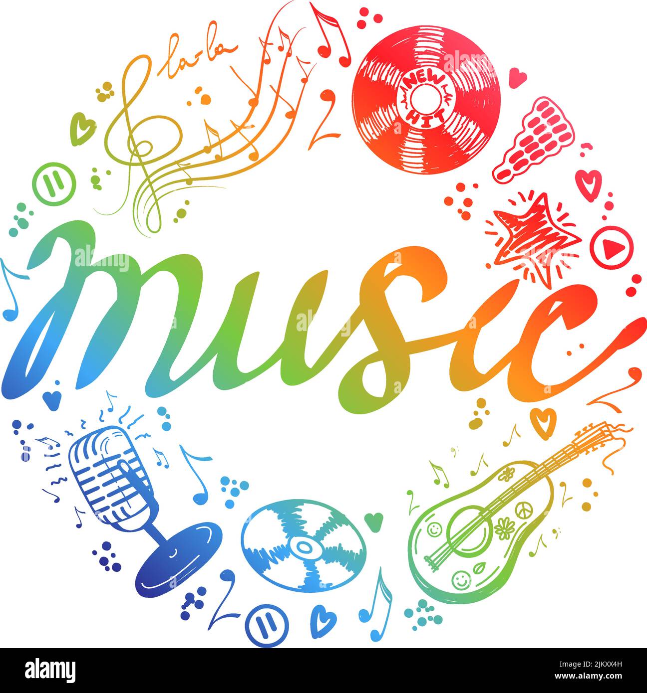 Frame with musical elements in a circle, hand-drawn in sketch style ...