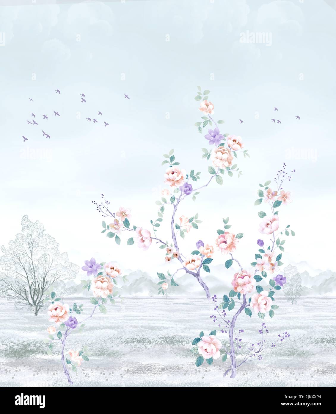 The Watercolor Blue Floral Garden Wallpaper Mural For Bedroom Hotel