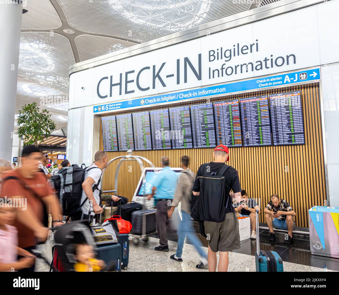 Passengers looking at Check-in departures information timetable Tableau ...