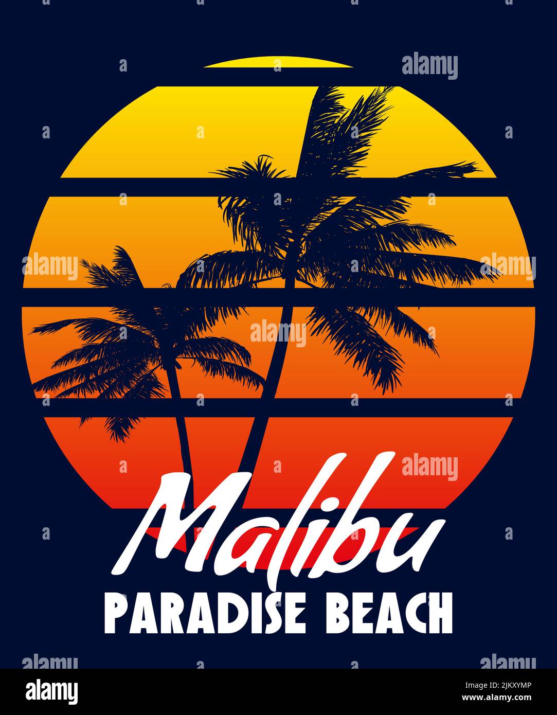Malibu Paradise Beach sunset print t-shirt design. Poster retro palm ...