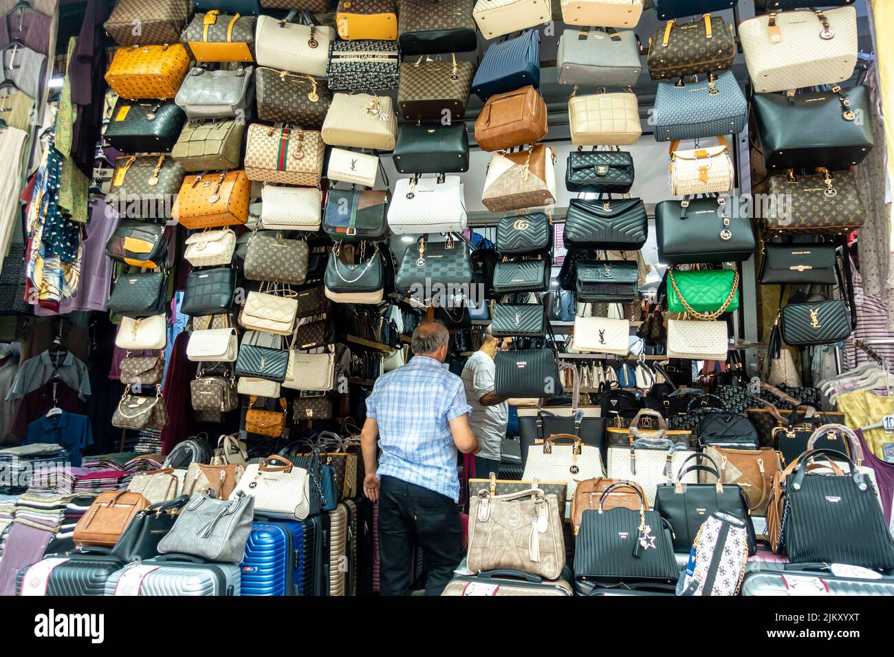 Fake branded counterfeit women's bags sold at a street stand in Grand ...