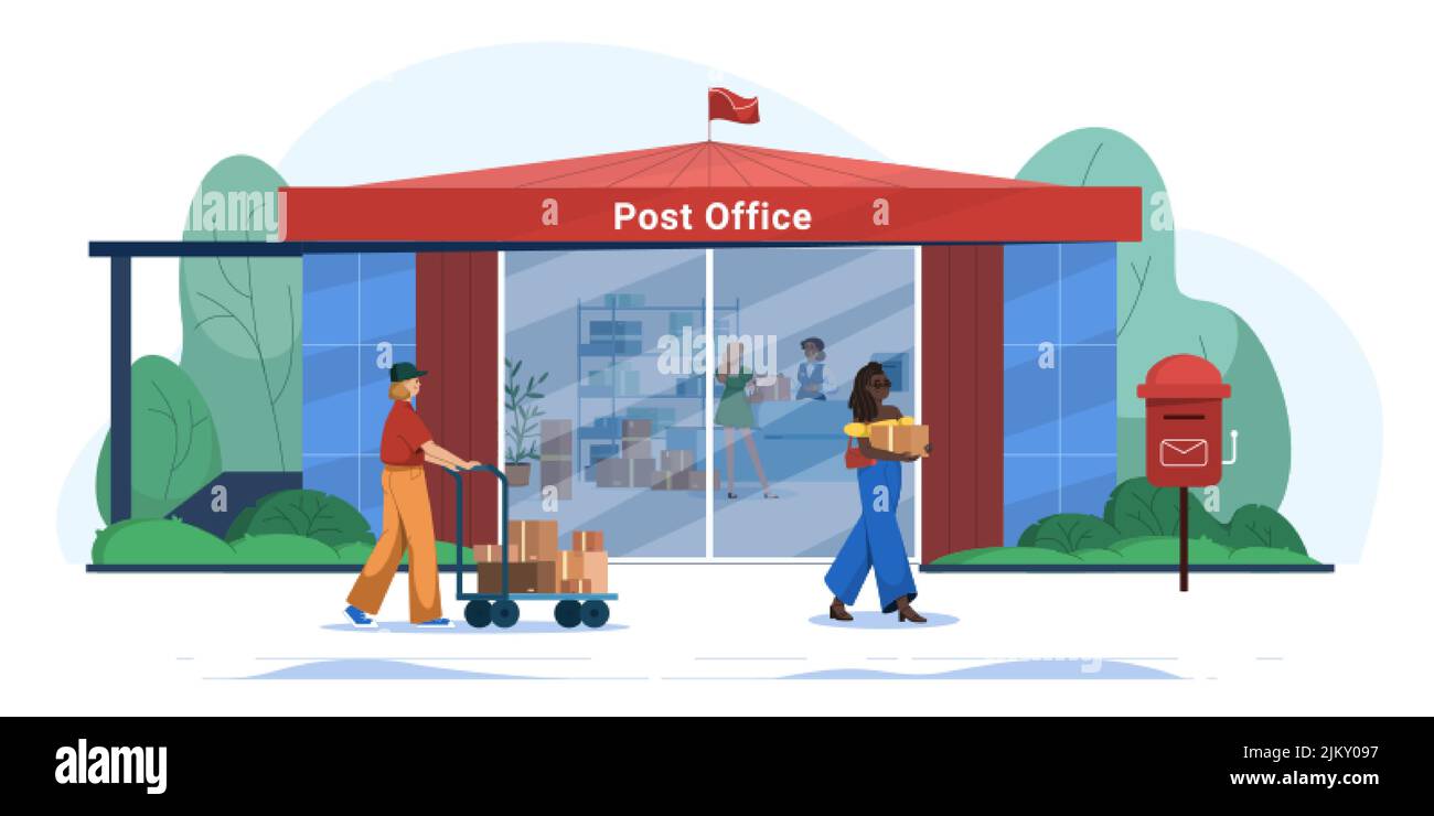 Flat post office building with customers. Mail delivery services. Postal worker at reception ...